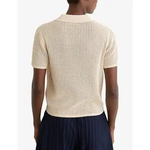 REISS Pippa Open-stitch Woven Polo Shirt - Ivory