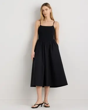 Quince Poplin Drop Waist Midi Dress - Black