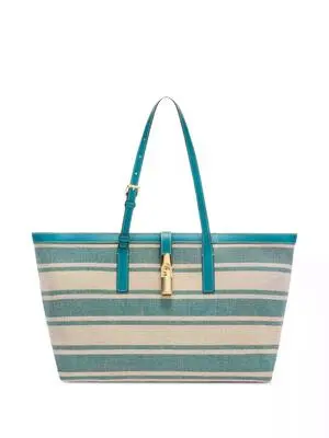 Furla Debby Canvas Striped Tote Bag With Leather Details - Blue