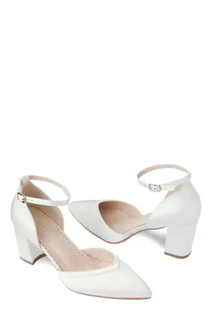 KAILEE P Sally" Satin Block Heel Wedding Shoes With Adjustable Ankle Strap - Ivory