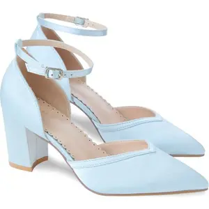 KAILEE P Sally" Satin Block Heel Wedding Shoes With Adjustable Ankle Strap - Light Blue