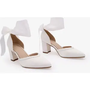 KAILEE P Kailee P. "Sally" Satin Block Heel Wedding Shoes With Adjustable Ankle Strap White