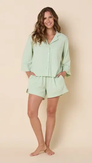 THE CAT'S PAJAMAS Mariposa Long Sleeve Short Set - Celadon