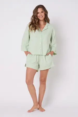 THE CAT'S PAJAMAS Mariposa Long Sleeve Short Set - Celadon
