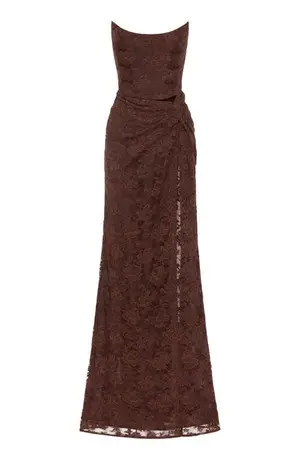 SAU LEE Floral Lace Strapless Gown With Cutout