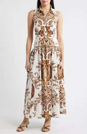 CECE DUPRAZ Printed Sleeveless Maxi Shirtdress - Cream Multi