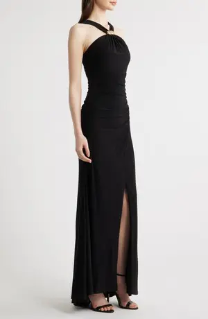 Eliza J Halter Neck Ruched Mermaid Gown - Black