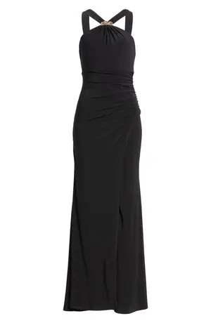 Eliza J Halter Neck Ruched Mermaid Gown - Black