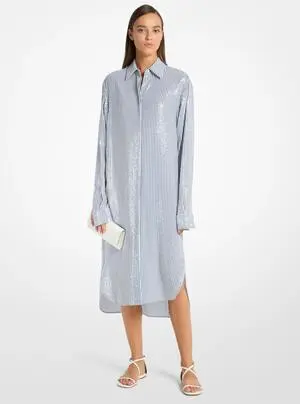 Michael Kors Sequined Stripe Crepe De Chine Shirt Dress - Grey