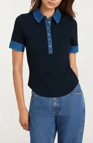 Cinq À Sept Denim Trim Rib Top - Navy/medium Wash