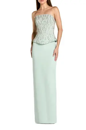 Mac Duggal Crepe Embellished Corset Strapless Column Gown - Mint
