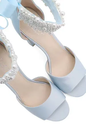 KAILEE P Sasha Satin Block Heel Sandals With Pearl Strap - Light Blue