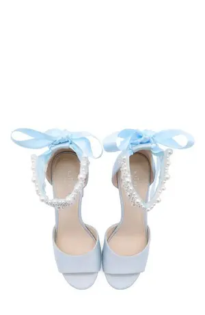 KAILEE P Sasha Satin Block Heel Sandals With Pearl Strap - Light Blue