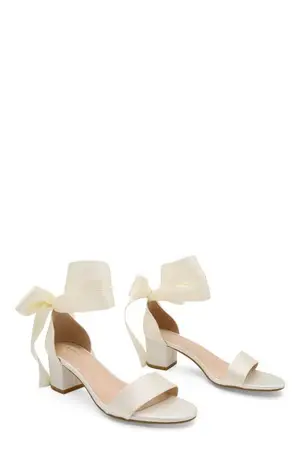 KAILEE P Naomi Satin Block Heel Sandals With Ribbon Tie - Ivory
