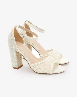 KAILEE P Faith Crochet Lace Block Heel Sandals - Ivory