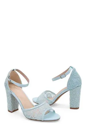 KAILEE P Faith Crochet Lace Block Heel Sandals - Light Blue