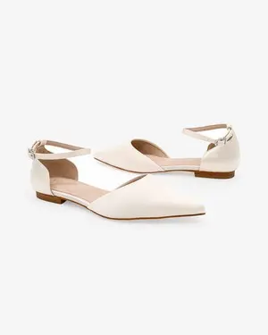 KAILEE P Bella Satin Pointed Toe Flats With Removable Ankle Strap - Ivory