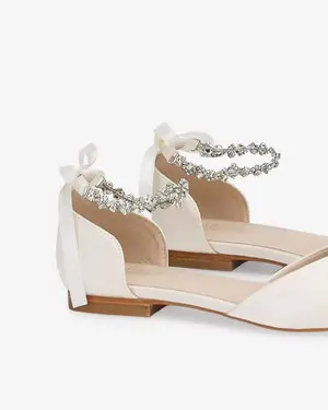 KAILEE P Bella Satin Pointed Toe Flats With Removable Ankle Strap - Ivory