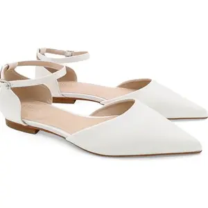 KAILEE P Bella Satin Pointed Toe Flats With Removable Ankle Strap - White