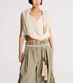 Balmain Cotton Rope Tie Belt With Wooden Beads And Fringe - Beige