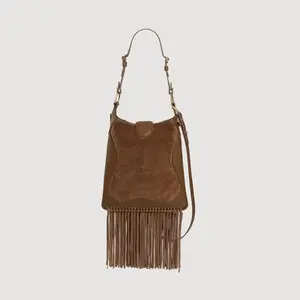 Sandro Leather And Suede Fringe Bag - Camel