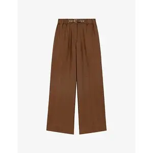 Maje Wide-leg Belted Linen Trousers - Brown
