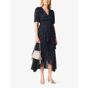 Maje V-neck Ruffled Maxi Dress - Navy