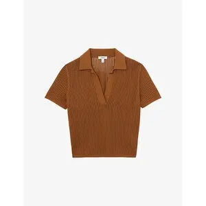 REISS Pippa Open-stitch Woven Polo Shirt - Rust Orange