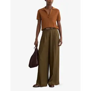 REISS Pippa Open-stitch Woven Polo Shirt - Rust Orange