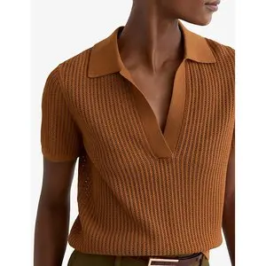 REISS Pippa Open-stitch Woven Polo Shirt - Rust Orange