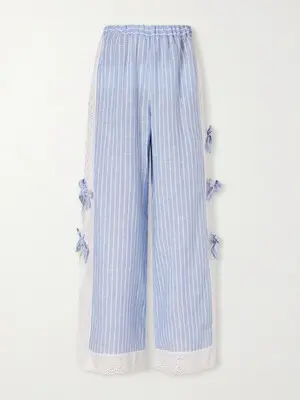 Loretta Caponi Clarissa Bow-embellished Striped Linen Pants - Blue