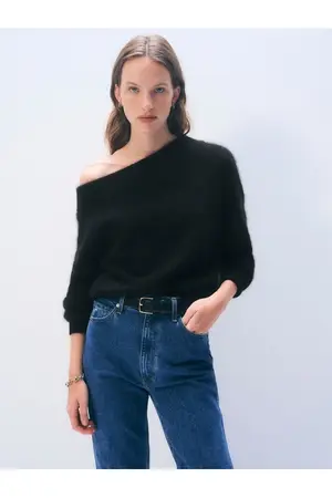 WHITE & WARREN Brushed Cashmere Off Shoulder Crewneck