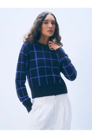 WHITE & WARREN White & Warren Cashmere Windowpane Crewneck - Navy