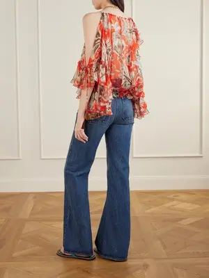 Etro Off-the-shoulder Asymmetric Tasseled Ruffled Printed Silk-chiffon Blouse - Orange