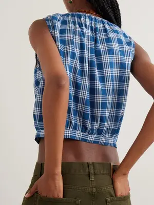 DÔEN Theo Cropped Checked Organic Cotton Top - Blue