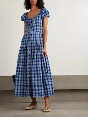 DÔEN Valenne Tiered Checked Organic Cotton Midi Dress - Blue