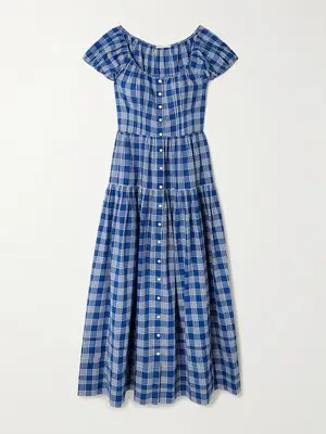 DÔEN Valenne Tiered Checked Organic Cotton Midi Dress - Blue