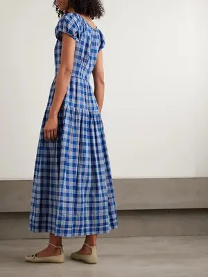 DÔEN Valenne Tiered Checked Organic Cotton Midi Dress - Blue