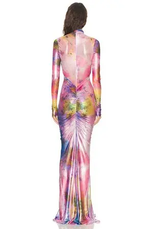 Lapointe Printed Metallic Mesh Halter Ruched Gown
