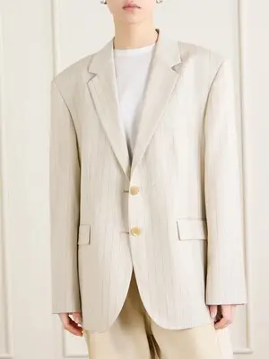 Acne Studios Single-breasted Pinstriped Wool Blazer With Scarf - Neutrals