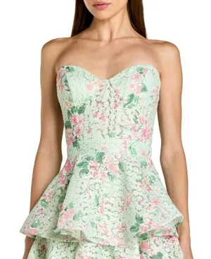Mac Duggal Floral Net Strapless Tiered Ruffle Midi Dress