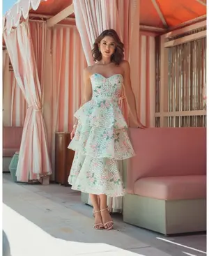 Mac Duggal Floral Net Strapless Tiered Ruffle Midi Dress