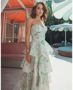 Mac Duggal Floral Net Strapless Tiered Ruffle Midi Dress
