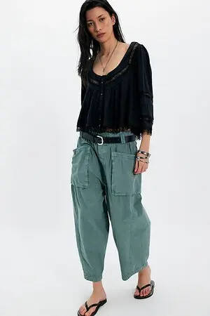 Free People Frolic Free Top Linen-blend With Lace Trim - Black