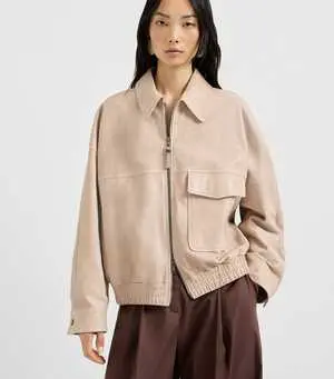Brunello Cucinelli Leather Bomber Jacket - Beige