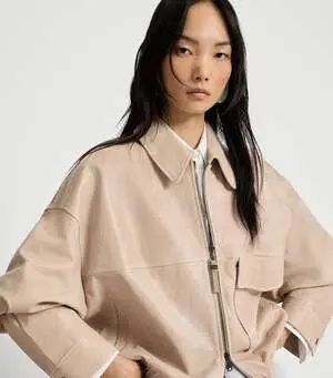 Brunello Cucinelli Leather Bomber Jacket - Beige