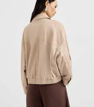 Brunello Cucinelli Leather Bomber Jacket - Beige