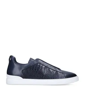 Zegna Crocodile Leather Triple Stitch Sneakers - Navy