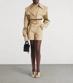 Balmain Cotton Gabardine Belted Shorts