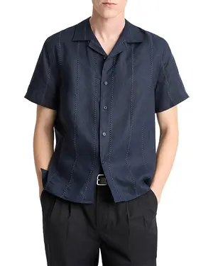 Vince Linen Eyelet Stripe Short Sleeve Cabana Shirt - Coastal